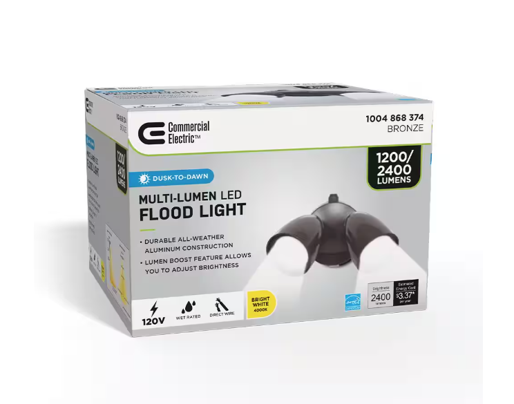 Commercial Electric - Dusk to Dawn Sensor Bronze Exterior Outdoor Twin Head LED Flood Light ...