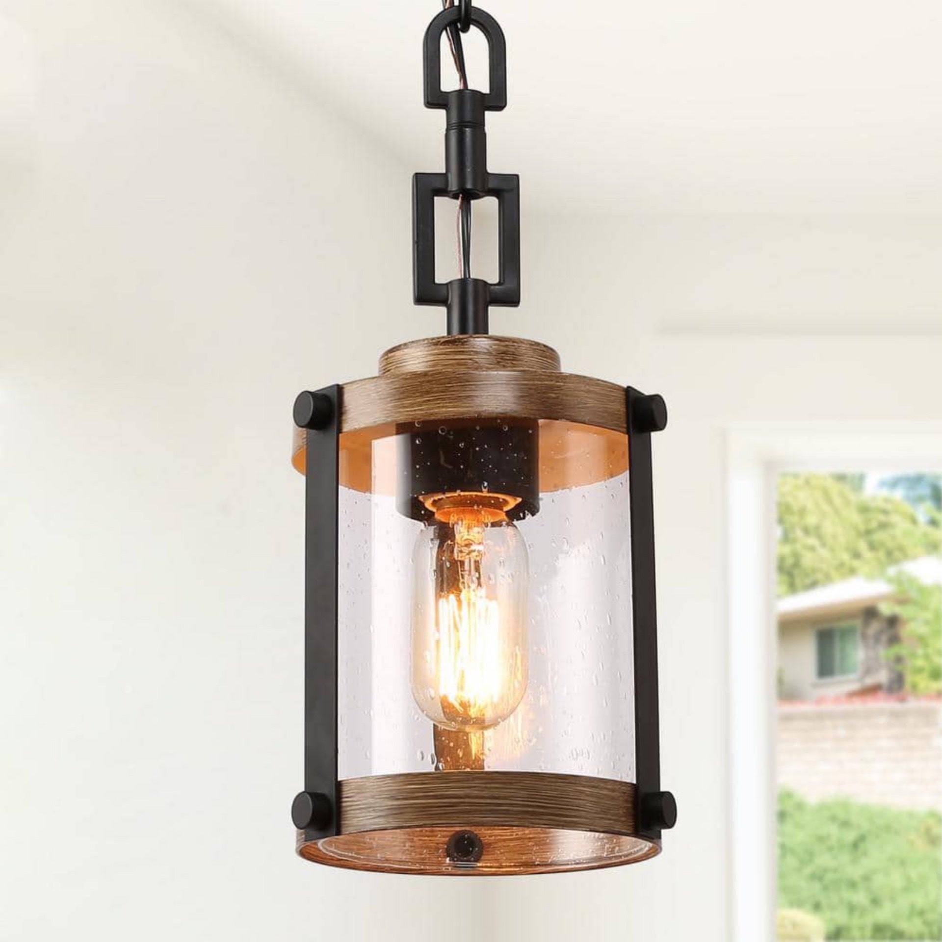 LNC - Modern Farmhouse Brown Chandelier 1-Light Black Drum Mini Island ...